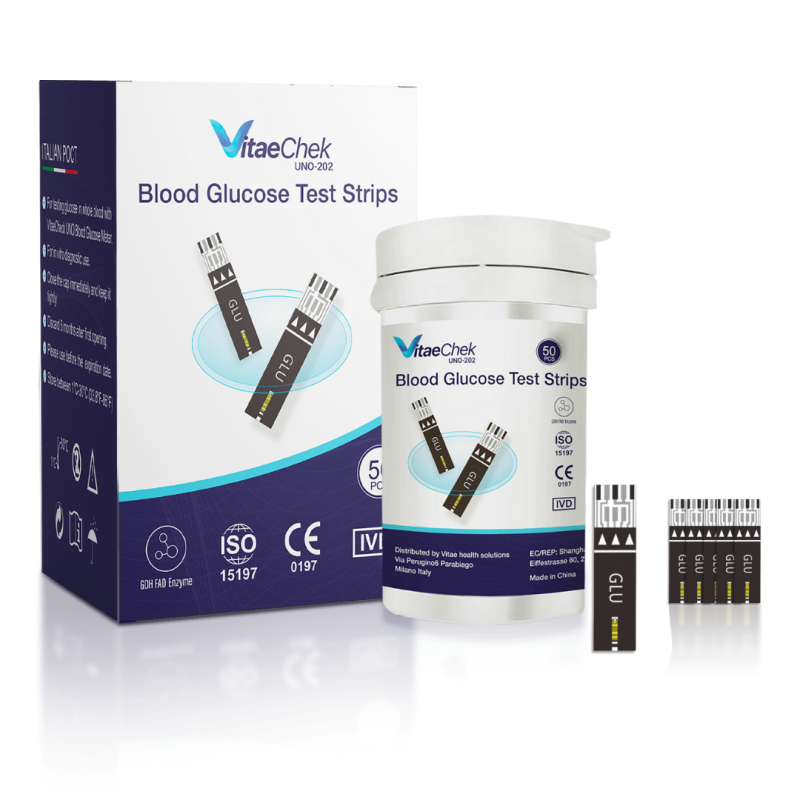 Boîte de 50 Bandelettes de Test Glycémique VitaeChek – MADON PROD